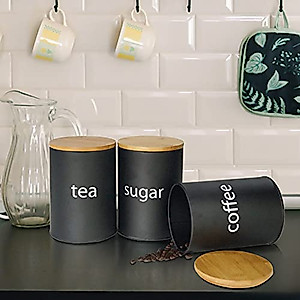 SOTECH Metal Food Storage Jar Farmhouse Coffee Canisters with Bamboo Lids,Black Kitchen Canisters Set of 3 Decorative Canisters for Kitchen Counter,Home Decor,Sugar Coffee and Tea Container Set