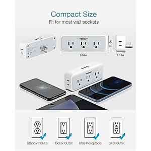 Multi Plug Outlet Splitter, TESSAN 5 AC Surge Protector Outlet Extender with 3 USB Wall Charger, Multiple Plug Expander for Home Office Dorm Room Essentials