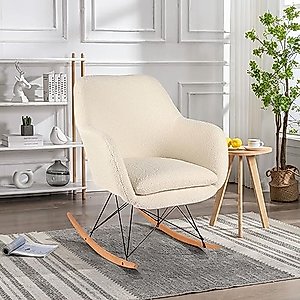 TUOMUR Modern Rocking Chair Nursery, Teddy Fabric Upholstered Glider Rocker with High Backrest and Armrests, Nursing Chair, Comfy Glider Chair for Living Room, Bedroom, Offices, Ivory