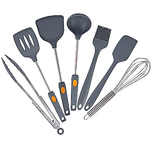 EooCoo Silicone Cooking Utensils Set with Holder, 8Pcs Kitchen Cooking Utensils Set for Nonstick Cookware 446°F Heat-Resistant,Turner Tongs, Spatula, Spoon, Brush, Whisk, Stainless Steel Handle, Gray