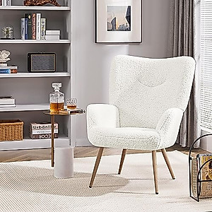 Yaheetech Barrel Chair, Teddy Fabric Casual Chair with High Back and Soft Padded, Modern Fuzzy Vanity Chair, Cozy Armchair for Living Room Bedroom Makeup Room, White