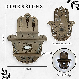 Hamsa Hand Crystal Shelf – Large 20 Inch Wooden Boho Shelf - Crystal Holder – Boho Shelves Crystal Display - Hamsa Wall Decor – Bedroom, Bathroom Living Room Floating Shelf – Spiritual Zen Decor