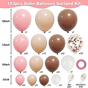 RUBFAC 153pcs Boho Balloons Garland Kit, Blush Balloons Dusty Pink Brown Nude White Confetti Latex Balloons for Wedding Girls Birthday Pastoral Party Picnic Bridal Shower Decorations
