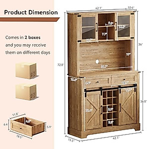ARTPOWER Coffeee Bar Cabinet with Wine&Glass Racks, 72" Hutch Storage Cabinet with Farmhouse Sliding Barn Door, Kitchen Pantry Buffet Cabinet with Drawers for Dining Room, Oak