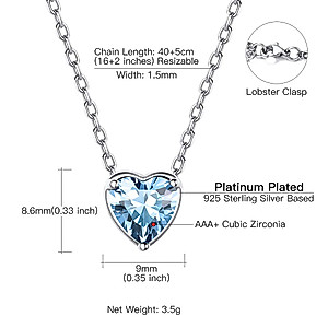 Suplight March Birthstone Necklace 925 Sterling Silver Small Blue Aquamarine Heart Necklace for Women