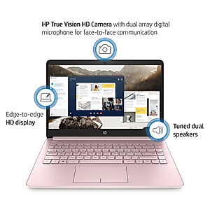 HP Premium 14-inch HD Thin and Light Laptop, Intel Quad-Core Processor, Long Battery Life, Webcam, Bluetooth, Wi-Fi, Portable SSD (8GB RAM | 320GB Storage, Pink)
