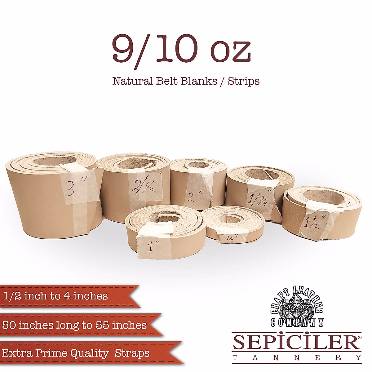 Import Tooling Leather 9/10 oz Natural Belt Blanks/Strips from Exclusive Vegetable Tanned Leather by Sepici Tannery (1-1/4" x 50")