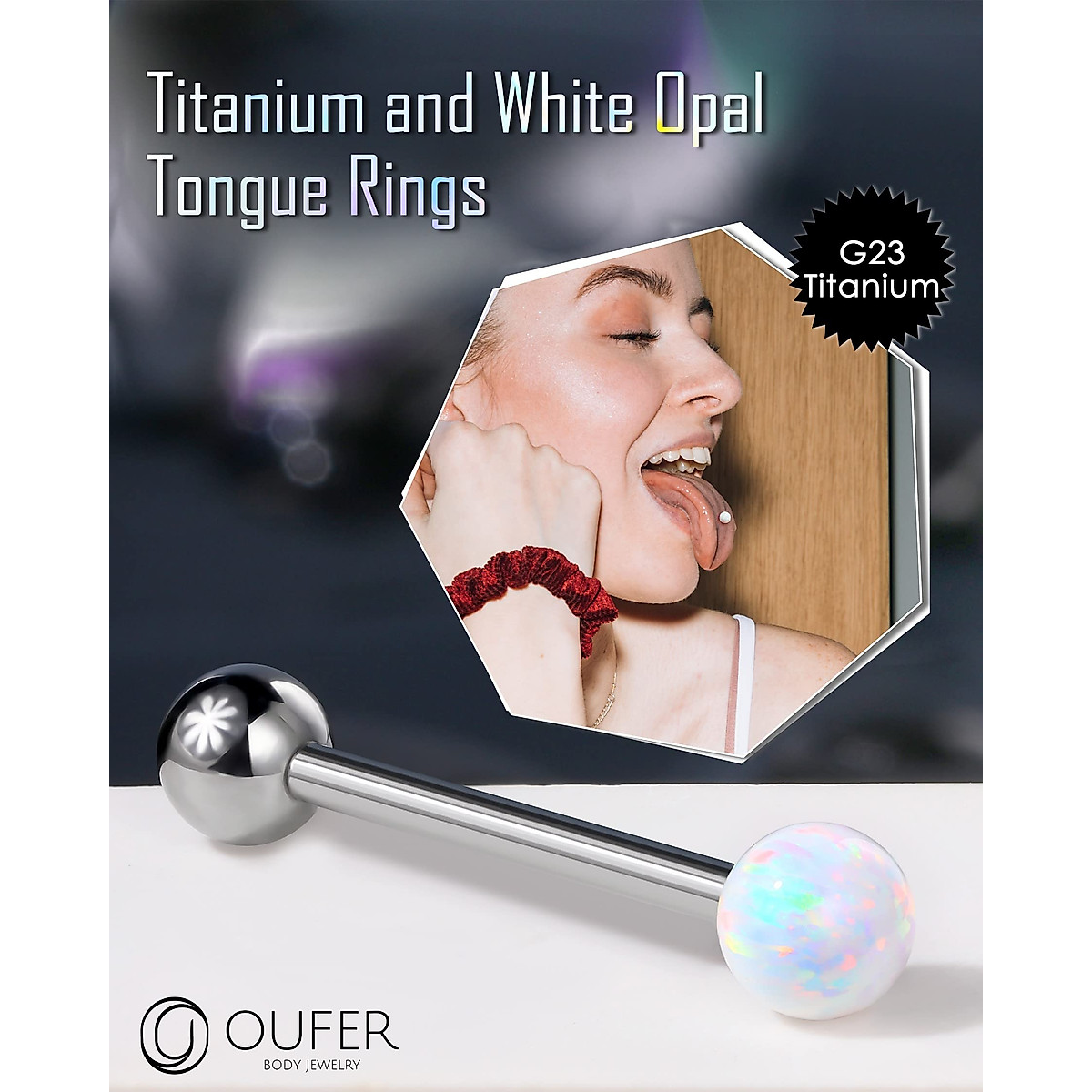 OUFER Titanium Tongue Rings, White Opal Tongue Ring, Internally Threaded Tongue Piercing Jewelry, Straight Tongue Jewelry for Women Men
