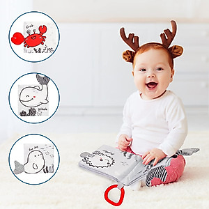 Crinkle Soft Baby Books 0-6 Months, 3D Touch Feel High Contrast Cloth Book Sensory Baby Toys 0-6-12 Months, Early Learning Stroller Toys for Infants Toddler Gifts Toy, Marine Jungle Tails