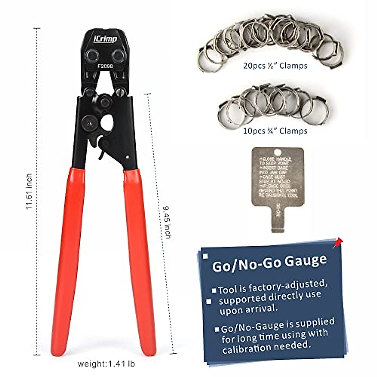 iCrimp PEX Pipe Clamp Cinch Tool Crimping Tool Crimper for Stainless Steel Clamps from 3/8-inch to 1-inch with 1/2-inch 20PCS and 3/4-inch 10PCS SS PEX Clamps