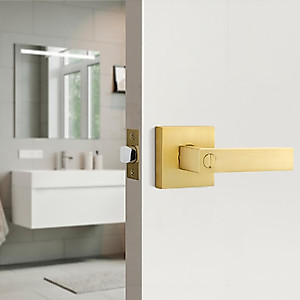 EHOMEWARE 6 Pack Gold Door Knobs Interior Brass Door Handles in Satin Brass Finish, Privacy Function for Bedroom Bathroom, Heavy Duty Gold Door Handles Levers with Modern Design