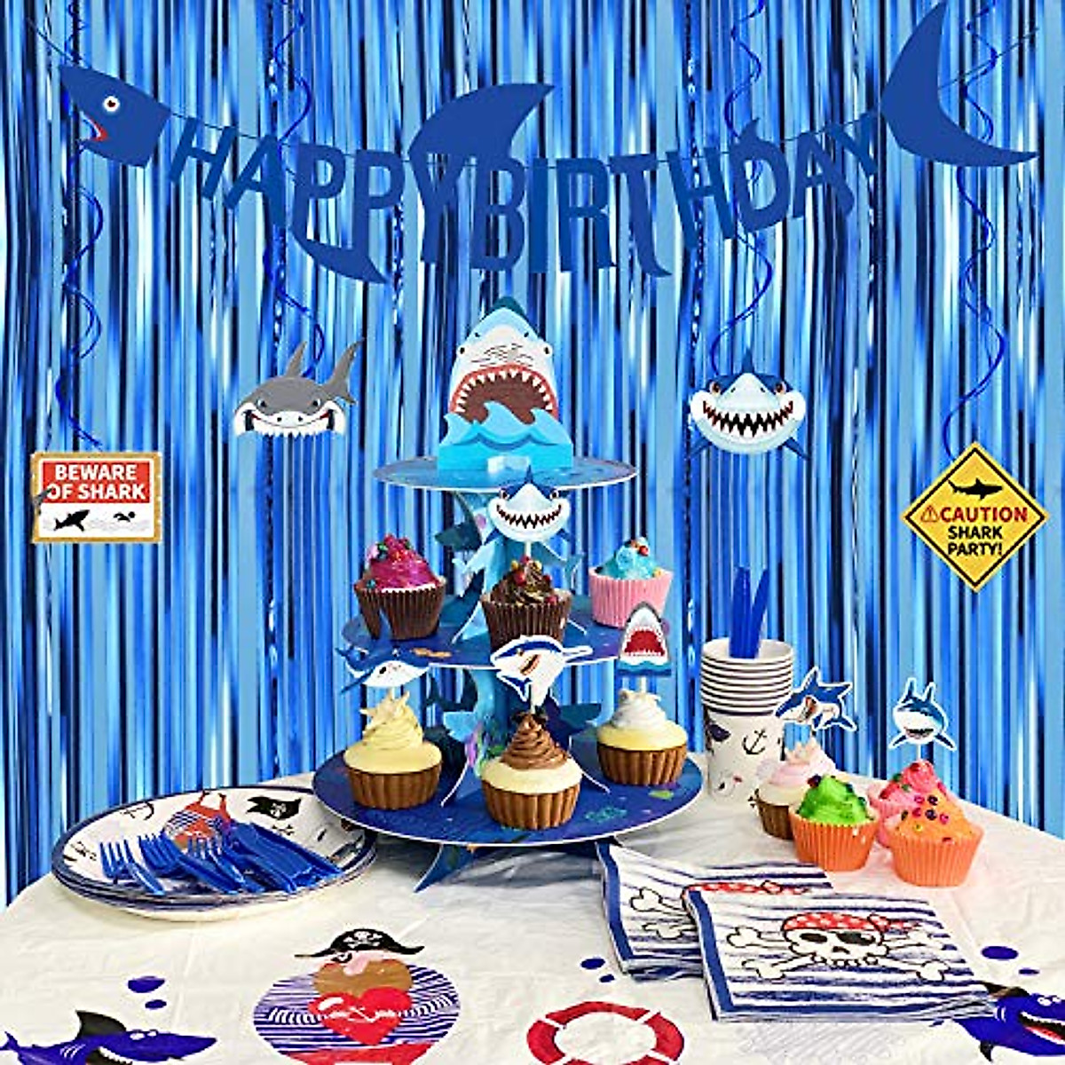 3 Tiers Shark Cardboard Cupcake Stand Birthday Party Supplies, Cupcake Dessert Cupcake Holder with 24pcs Cupcake Toppers for Kids Boys Girls Ocean Birthday Party, Baby Shower, Shark Party Decorations