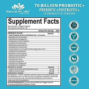 Probiotics 70 Billion CFU – 15 Probiotic strains + Organic Prebiotic+ Postbiotic 3-in-1 Complete – Promotes Healthy Digestive & Immune Function –Gas, Bloating, Constipation Support – for Men & Women