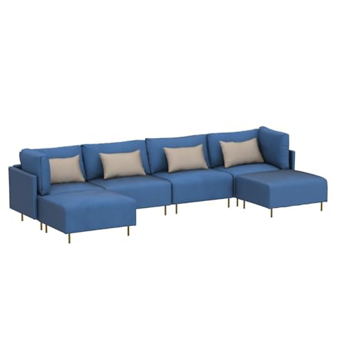 Hommoo Modern Reversible Sectional Sofa Couch for Living Room U Shaped Sectional with 2 Ottomans Comfy Linen Fabric 4 Seat Sofa with Metal Legs Large Modular Sofa Couch with Pillows 143" Blue