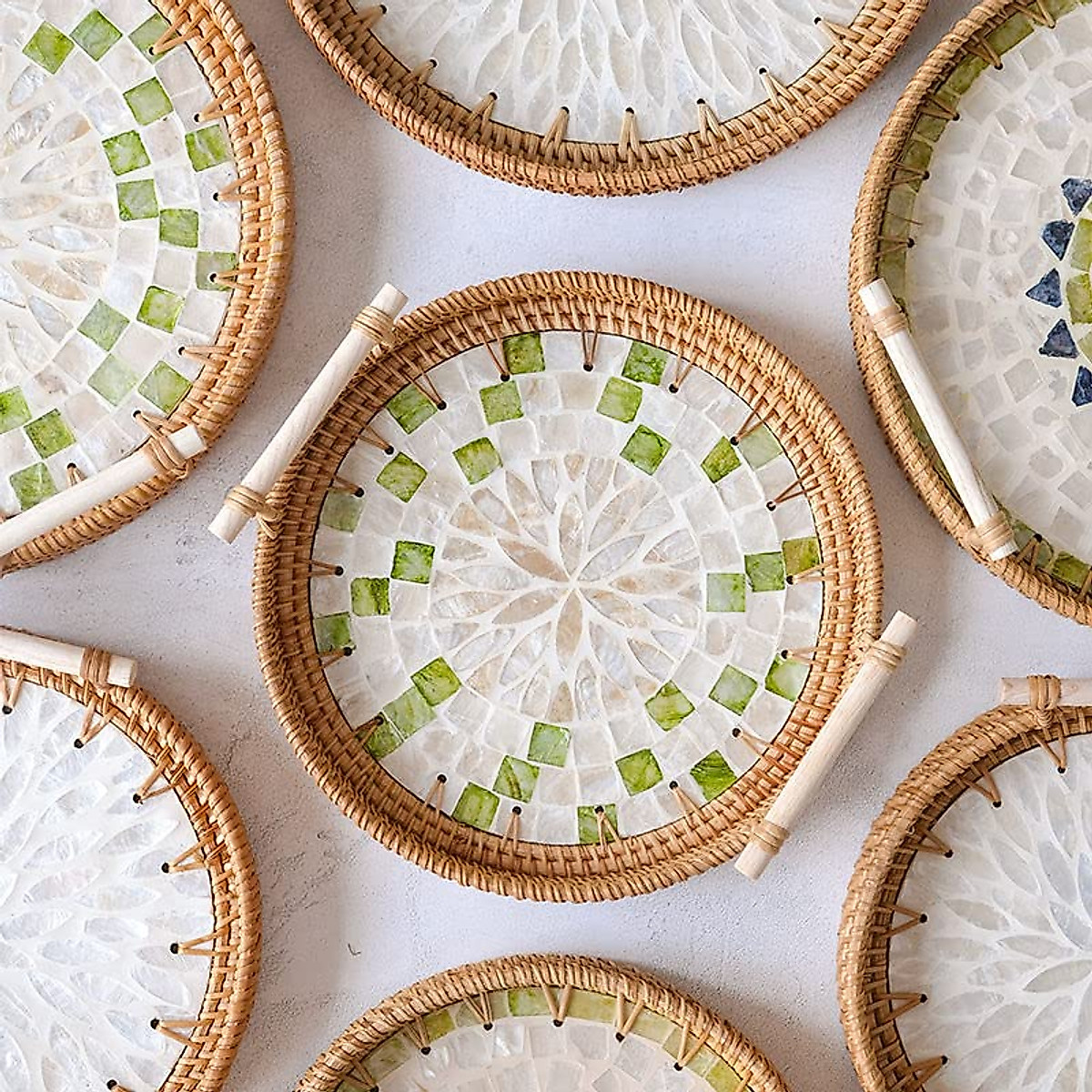 BAUHUS Set 3 Pack Round Rattan Wicker Tray with Mother of Pearl Inlay Wooden Handle for Fruit Serving, Coffee Table Tray, Vanity Tray Organizer for Kitchen, Storage and Display White Set 3