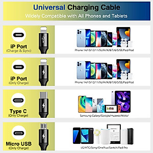 RULUS 4 in 1 Charging Cable [2Pack 4Ft], Fast Charging & Data Sync Multi Phone Charger Cable Nylon Braided USB Charging Cable with Lightning/Type C/Micro USB Port for iPhone,Samsung Tablets,Carplay
