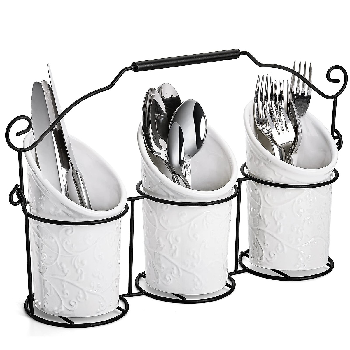 Nicunom Set of 3 Ceramic Flatware Caddy with Metal Rack, Embossed Design Kitchen Utensil Holder Silverware Organizer Cutlery Holder Kitchen Tool Crock for Countertop Decor and Organization
