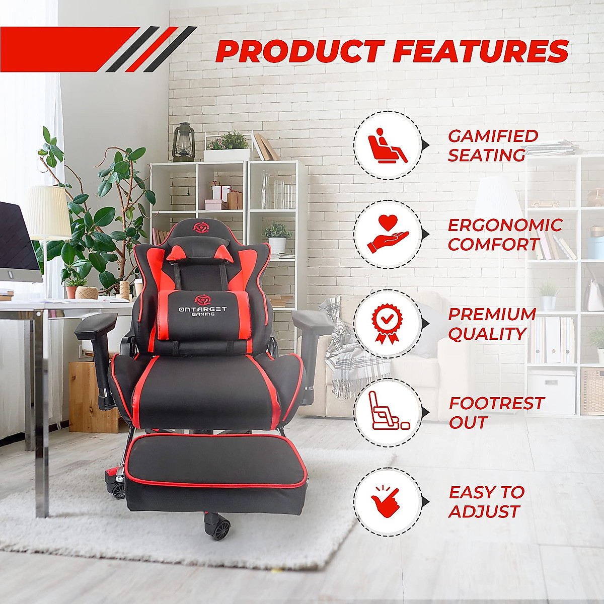 OnTarget Gaming Gaming Chair with Footrest High Back Gaming Chair with Footrest Ontarget GC100 Video Game Chair PC Racing Style Gamer Chair