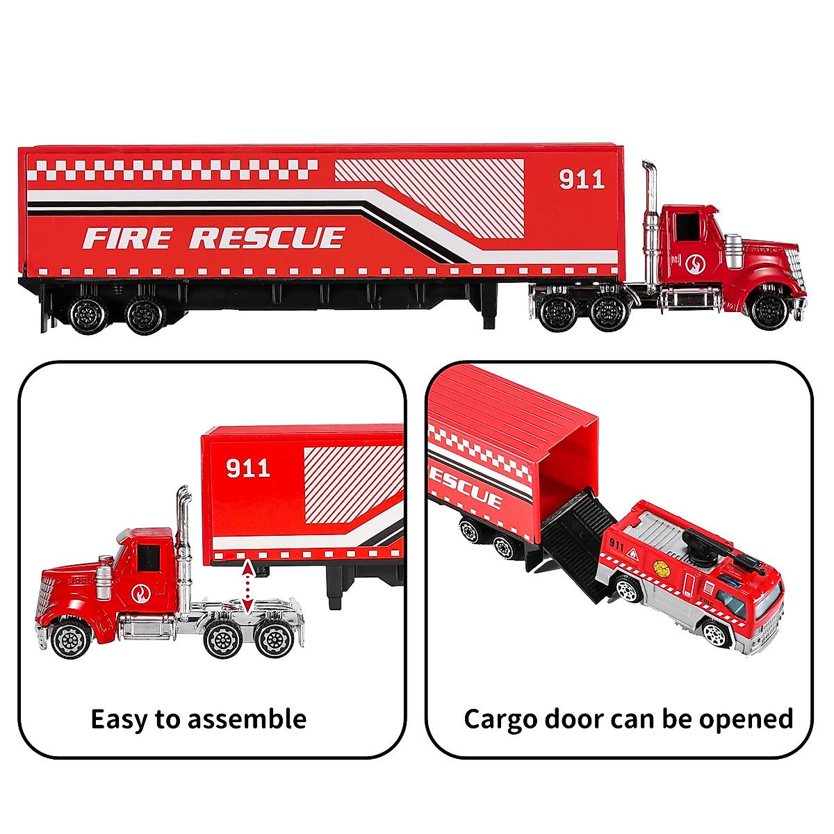 TEMI Diecast Emergency Fire Rescue Vehicle Toy Set w/Play Mat, Truck Carrier,Ambulance, Alloy Metal Fighting Car for 3 4 5 6 Years Old Toddlers Kids Boys and Girls
