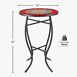 VONLUCE Outdoor Mosaic Side Table, 14 Inch Round Accent Table Plant Stand Decor with Ceramic Tile Top, Patio End Table for Garden Porch Living Room Balcony Deck Porch Pool, Red