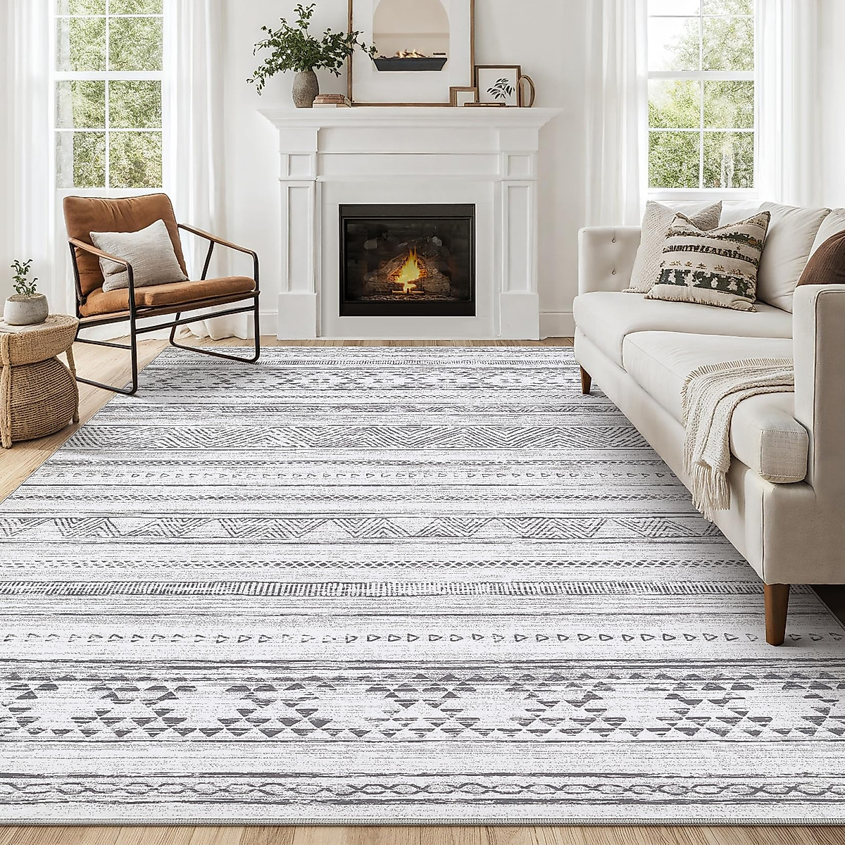 DMOYEST 8x10 Area Rug Living Room Rugs - Washable Large Soft Boho Neutral Geometric Moroccan Modern Rug for Bedroom Dining Room Home Office Non Slip Low Pile Farmhouse Carpet Indoor - Cream Grey