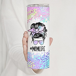 YouNique Designs Iridescent Leopard Mom Coffee Tumbler with Straw and Lid, 20 Oz, Insulated Stainless Steel Skinny Tumbler for Women, Mama Tea Tumbler, Mom Life Water Tumbler Cup