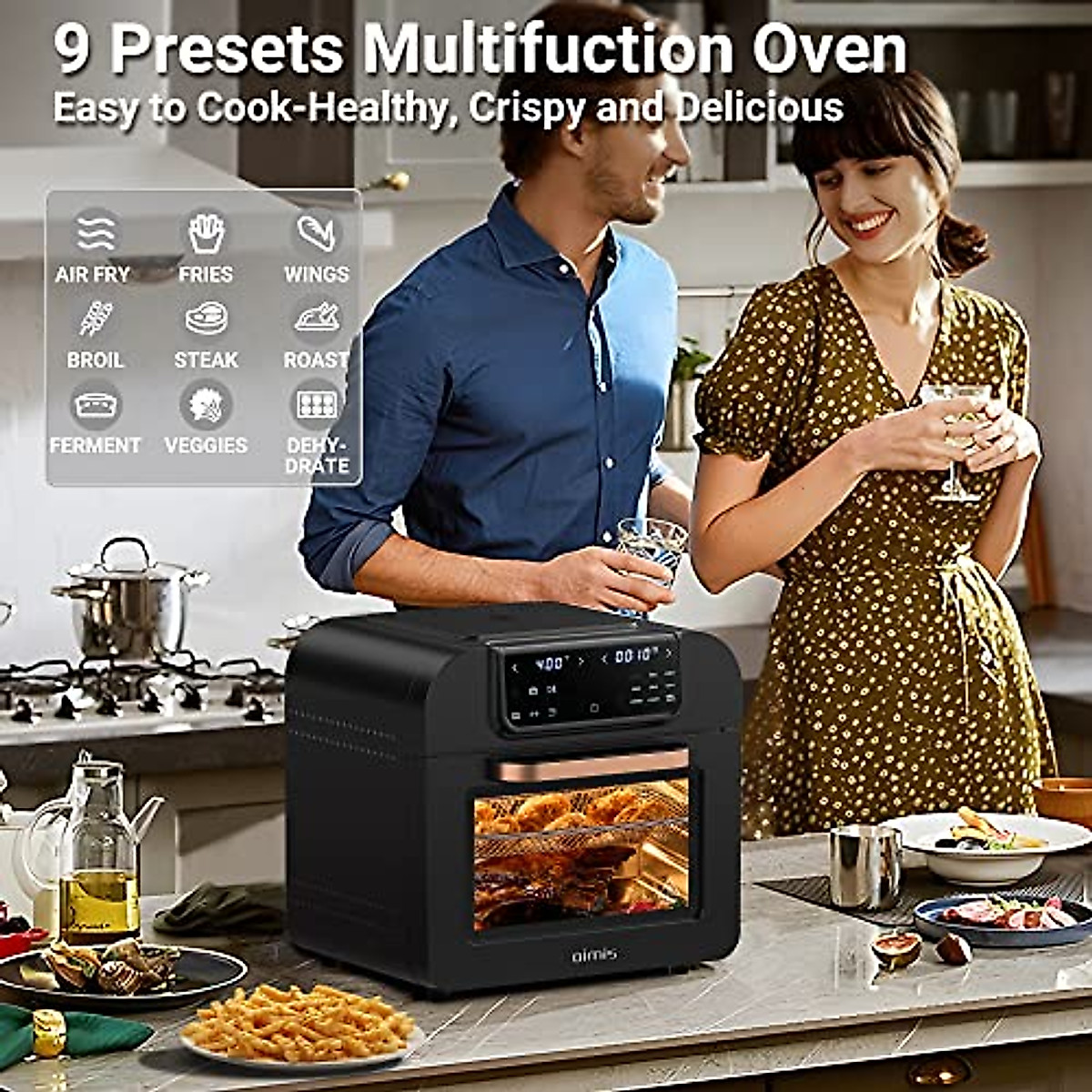 Air Fryer Oven OIMIS, 17QT 9-in-1 Countertop Smart Air Fryer Toaster Oven with Rotisserie, Dehydrator, Digital LED Screen, Countertop Convection Oven, 6 Accessories, 1500w, Black, ETL Certified