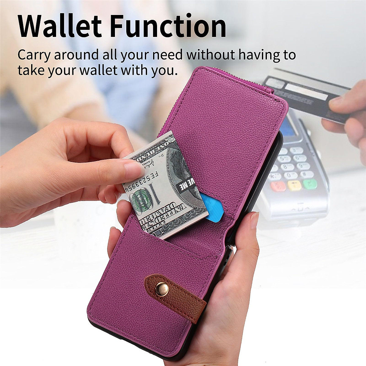 Asuwish Compatible with Samsung Galaxy Z Flip 5 5G 2023 Wallet Case and Card Slot Holder Ring Magnetic Clasp Cell Accessories Protective Zipper Phone Cover for ZFlip5 Z5 Flip5 5Z Flip5case Purple