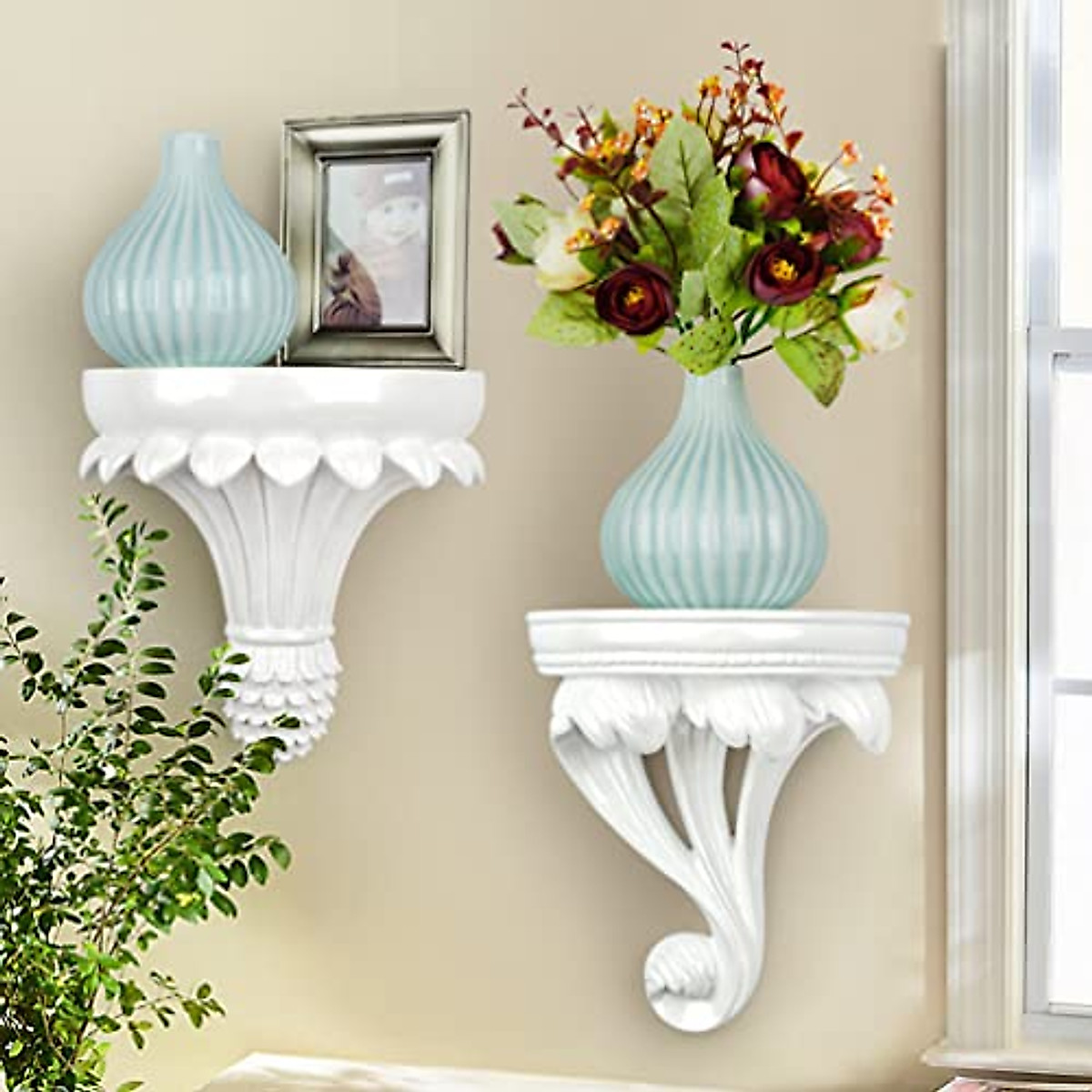 Cabilock Wall Floating Shelf Retro Baroque Resin Flower Pot Stand Planter Bracket Decorative Display Hollow Shelf Wall Art Decoration for Bedroom Bathroom Kitchen