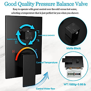 Rain Shower System 12 inch Shower Faucet Set with Tub Spout,Bathroom Wall Mounted Waterfall Shower Head Faucet Sets Complete with Handheld Spray,Rough-in Valve Body and Trim kit,Matte Black