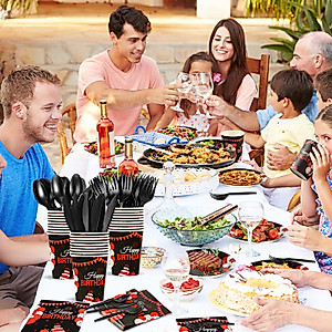 168 Pcs Black and Red Birthday Party Supplies Tableware Set Happy Birthday Plates, Knife,Forks,Spoons, Cups and Napkins Table Decorations for Women Girls Birthday Party Decorations, 24 Guests