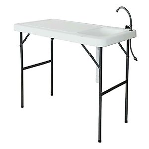 Fish Cleaning Table with Sink, Outdoor Portable Camping Folding Fish Fillet Table with Sink Faucet Stainless Steel for Picnic Camping Gardening Kitchen (White)