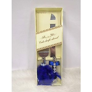 Abbie Home Wedding Cake Knife and Server Set - Royal Blue Feather Dress Black Suit Rhinestone Decorated Bride and Groom Cake Tool, Set of 2 (Cake knife set)