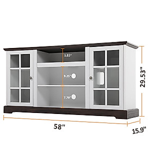 HolliWill White TV Stand, Entertainment Center for 65 inch TV, 58" Modern Farmhouse TV Stand with Glass Door, Tall TV Console or Storage Cabinet for Living Room,White&Brown