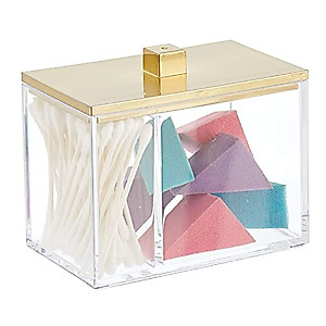 mDesign Modern Square Bathroom Vanity Countertop Storage Organizer Canister Jar for Cotton Swabs, Rounds, Balls, Makeup Sponges, Bath Salts - 2 Divided Sections - Clear/Soft Brass