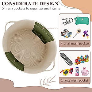 Maliton Extra Large Blanket Basket, Woven Cotton Rope Basket for Toys Towels, Pillow Basket with Handles, Nursery Laundry Basket with Storage Pockets, 20" x 13" Large Rope Baskets for Storage - White