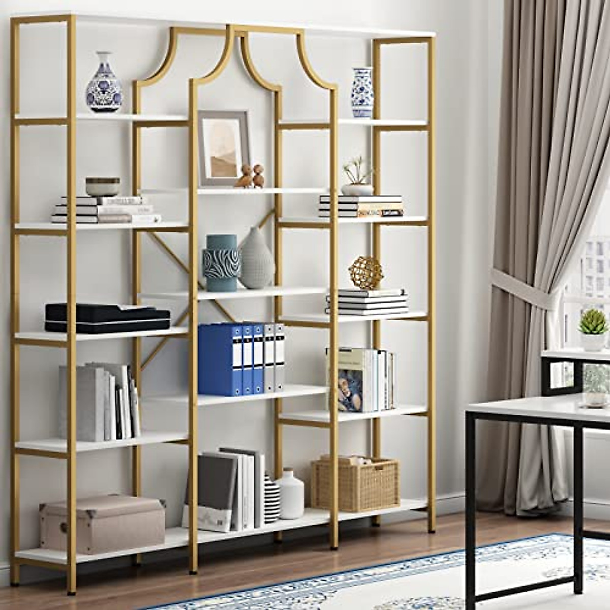 Loomie Triple Wide Bookshelf, 70.87" W/H Large Tall Etagere Bookcase, Modern 13-Open Shelves Geometric Bookshelf, Display Storage Metal Book Case, for Bedroom, Home Office & Living Room, Gold & White