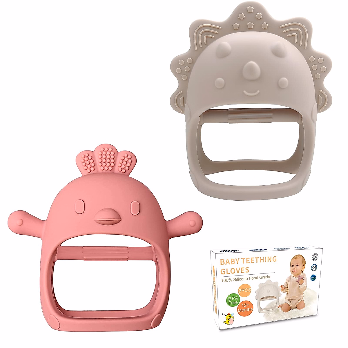 Baby Teething Toys, JUSONEY 2 Packs Anti-Drop Silicone Teething Mitten for Babies 3+ Months, Baby Teething Gloves 3D Chicken and Triceratops Shape Wrist Hand Teethers for Sucking Needs