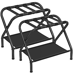 SONGMICS Luggage Racks, Set of 2, Suitcase Stand with Fabric Storage Shelf, for Guest Room, Bedroom, Hotel, Foldable Steel Frame, Holds up to 110 lb, 27.2 x 15 x 20.5 Inches, Black URLR002B02