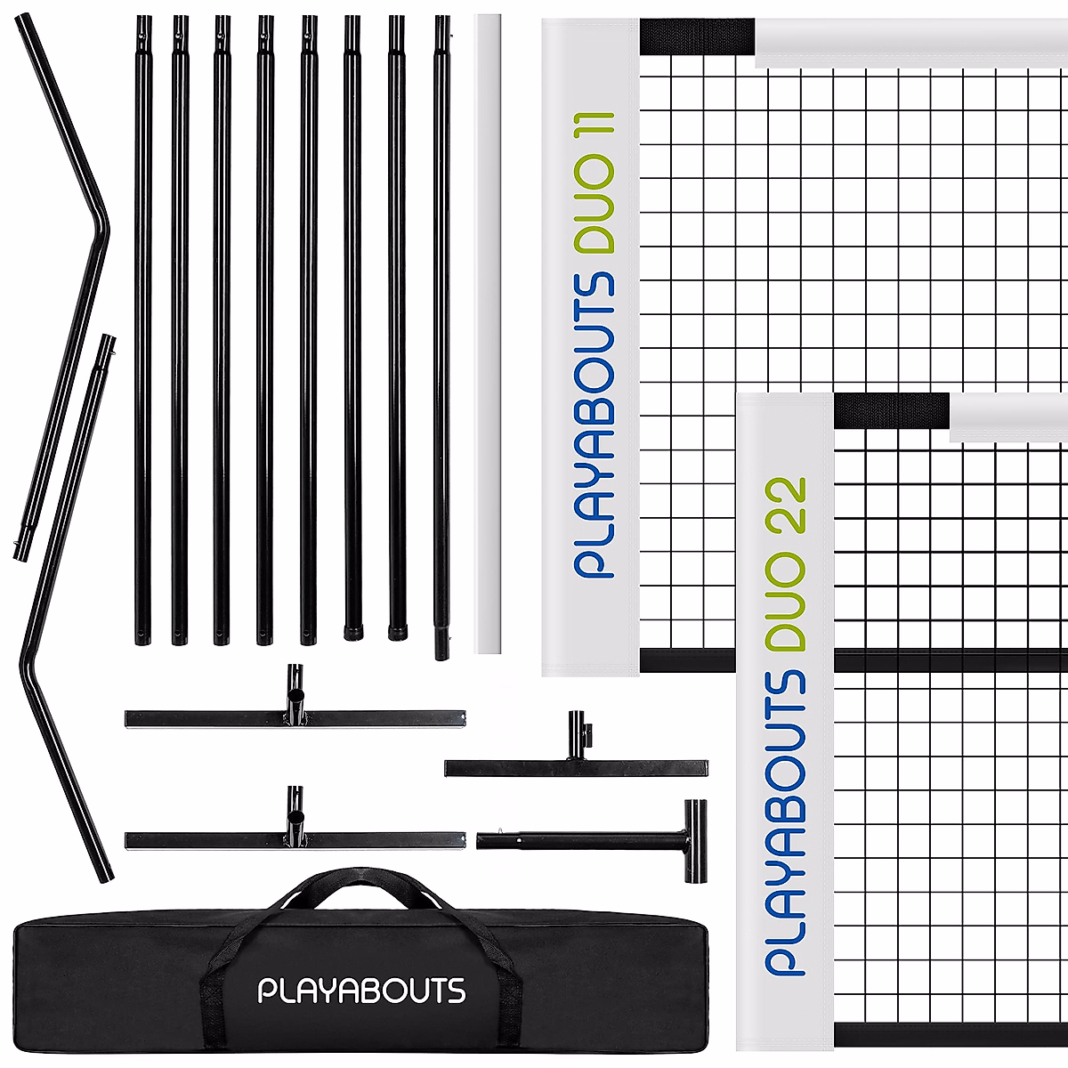 2 Pickleball Nets in 1 – PLAYABOUTS Duo – Set up 22 ft Regulation Size or 11 ft Half Court – Versatile Portable Pickleball Net System for Indoor/Outdoor Pickle Ball Games on Court, Driveway, Backyard