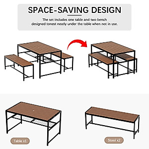 Outdoor Dining Set Picnic Table and Benches with 2" Umbrella Hole and Storage Shelf, Plywood Patio Dining Sets for 4-6 People, All-Weather Picnic Set for Garden Backyard Poolside - Brown