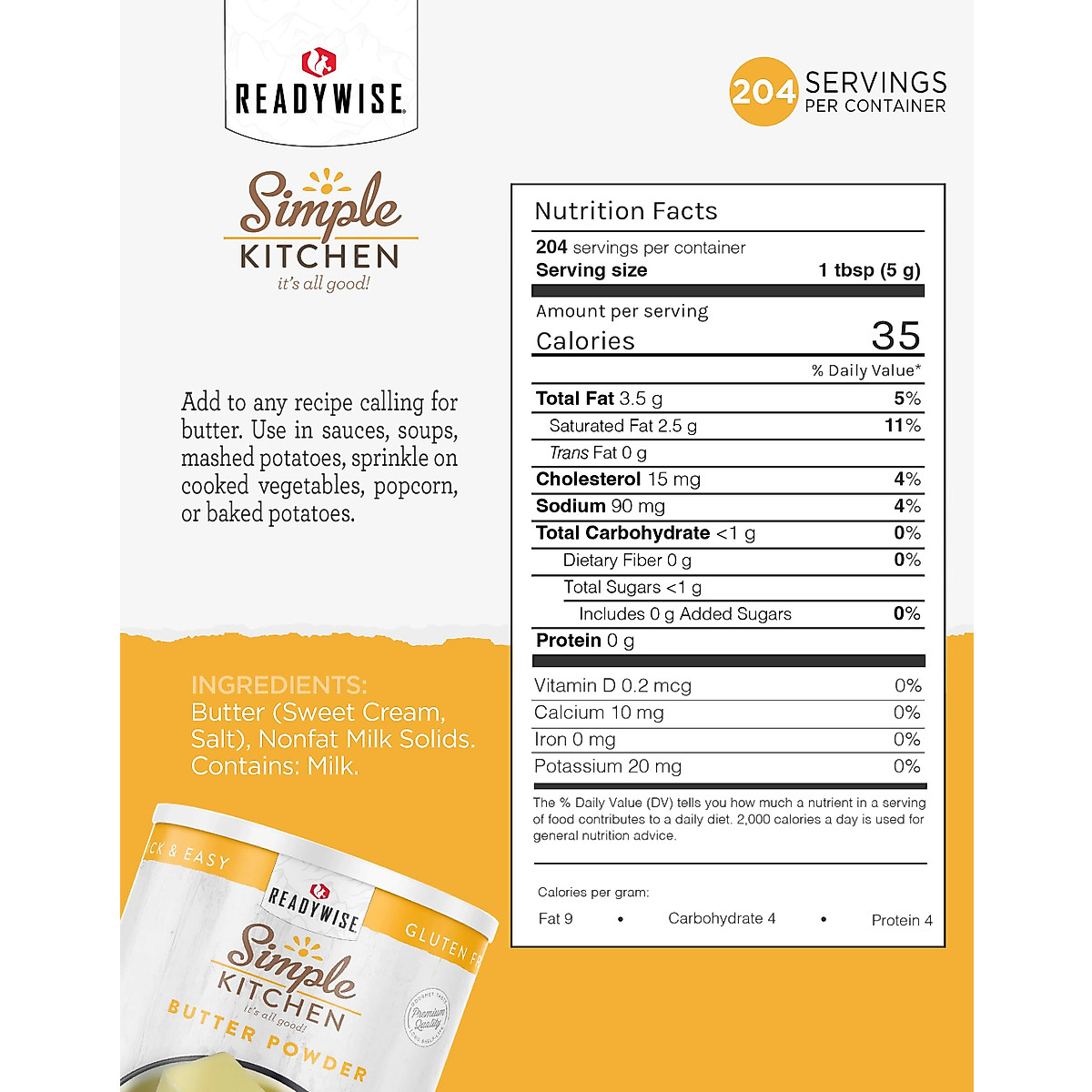 READYWISE - Simple Kitchen, Butter Powder, 204 Servings, Long Term Food Supply, Canned Butter, Baking Supplies, Survival Food, Camping Meals, 10 Can Powdered Butter, Dry Butter for Pantry