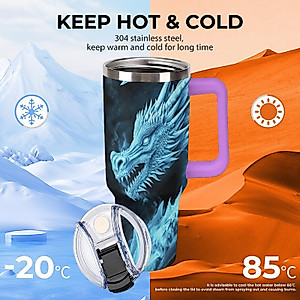LLUTSNTH 40 Oz Vacuum Tumbler with Violet Handle Leakproof Insulated Tumbler Ice And Fire Dragons Stainless Steel Travel Mug with Lid And Straw Coffee Cup Cute Water Bottles Cup Holder Friendly