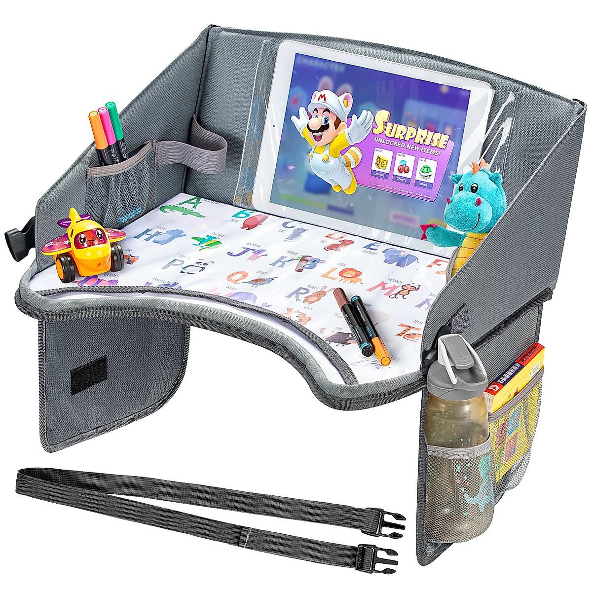 Kids Travel Tray for Car Seat with Dry Erase, Cup/iPad/Holder, 16x12 (Gray)