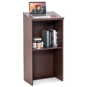 Tangkula Floor Standing Podium, Wooden Speaking Lectern Hostess Stand with 2-Tier Shelves & Dual Cable Holes, Standing Lectern Desk for Meeting Room, School, Churches, Auditorium, Classroom