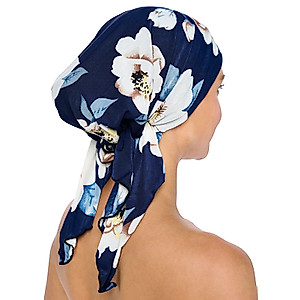 Ashford & Brooks Women's Pretied Printed Fitted Headscarf Chemo Bandana - Vintage Navy/White