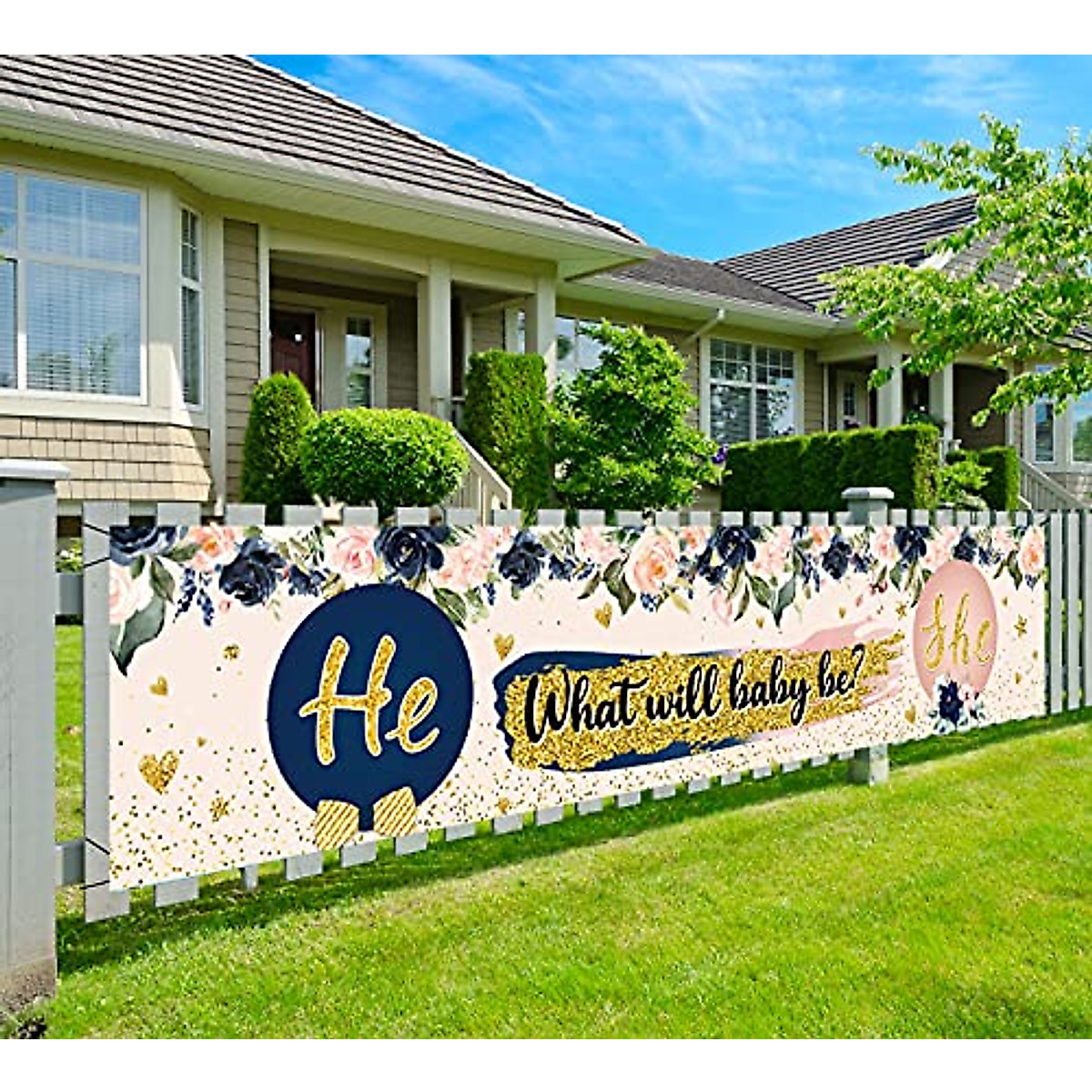 Gender Reveal Decoration, He or She Gender Reveal Banner Large He or She Baby Shower Yard Sign Photo Booth Props for Gender Reveal Supplies (9.8 * 2 ft)