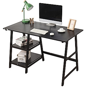 Trestle Desk with 2 Shelves, soges 47 inches Reversible Storage Desk with Racks, Home Office Computer Desk Organizer Workstation, Student Desk Wooden School Desk, Black