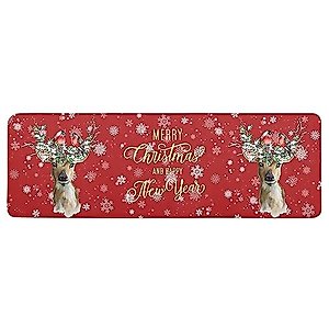 Kitchen Rug and Mat Set Merry Christmas Reindeer Robin,Non-Slip Doormats Comfort Durable Floor Runner,Winter Snowflakes on Red Washable Standing Carpet for Bedroom Living Room Decor