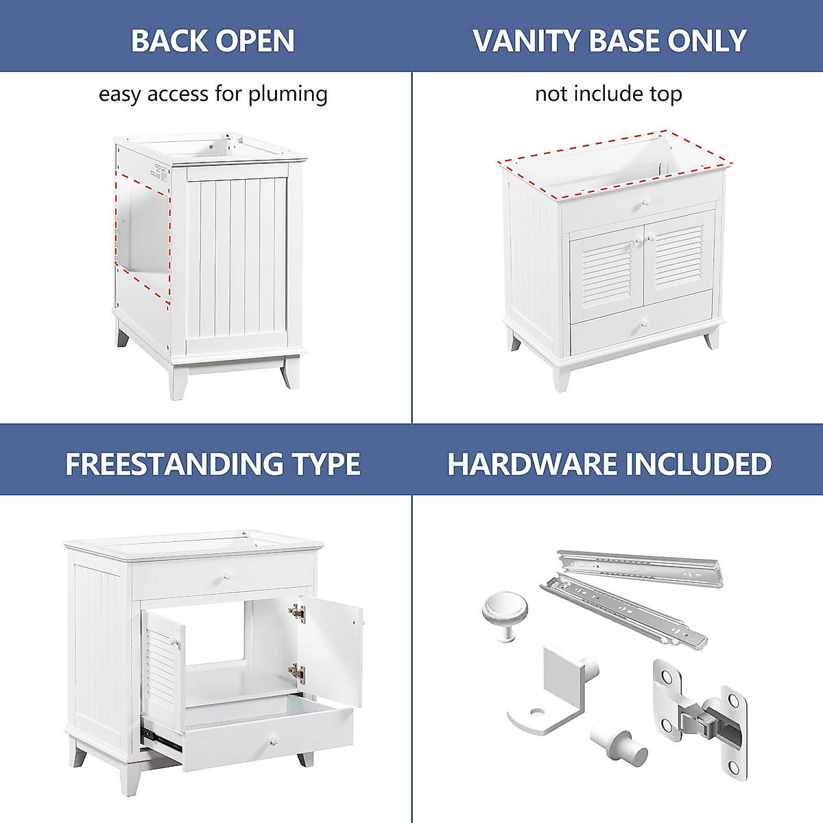 30 Inch Bathroom Vanity Base Only, Storage Cabinet with Doors and Drawer, Solid Wood Frame, White